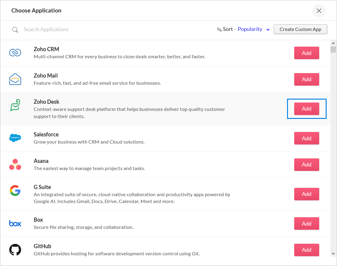Click Add corresponding to Zoho Desk on the products list page.