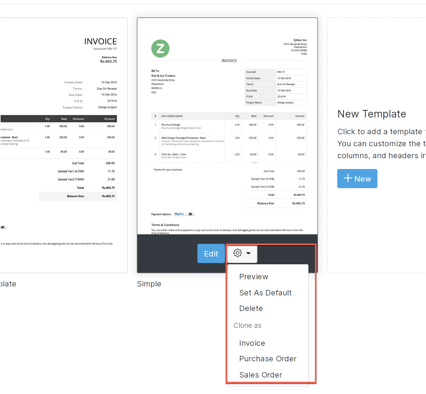 Once saved, use the gear icon to preview, set as default, delete, or clone.