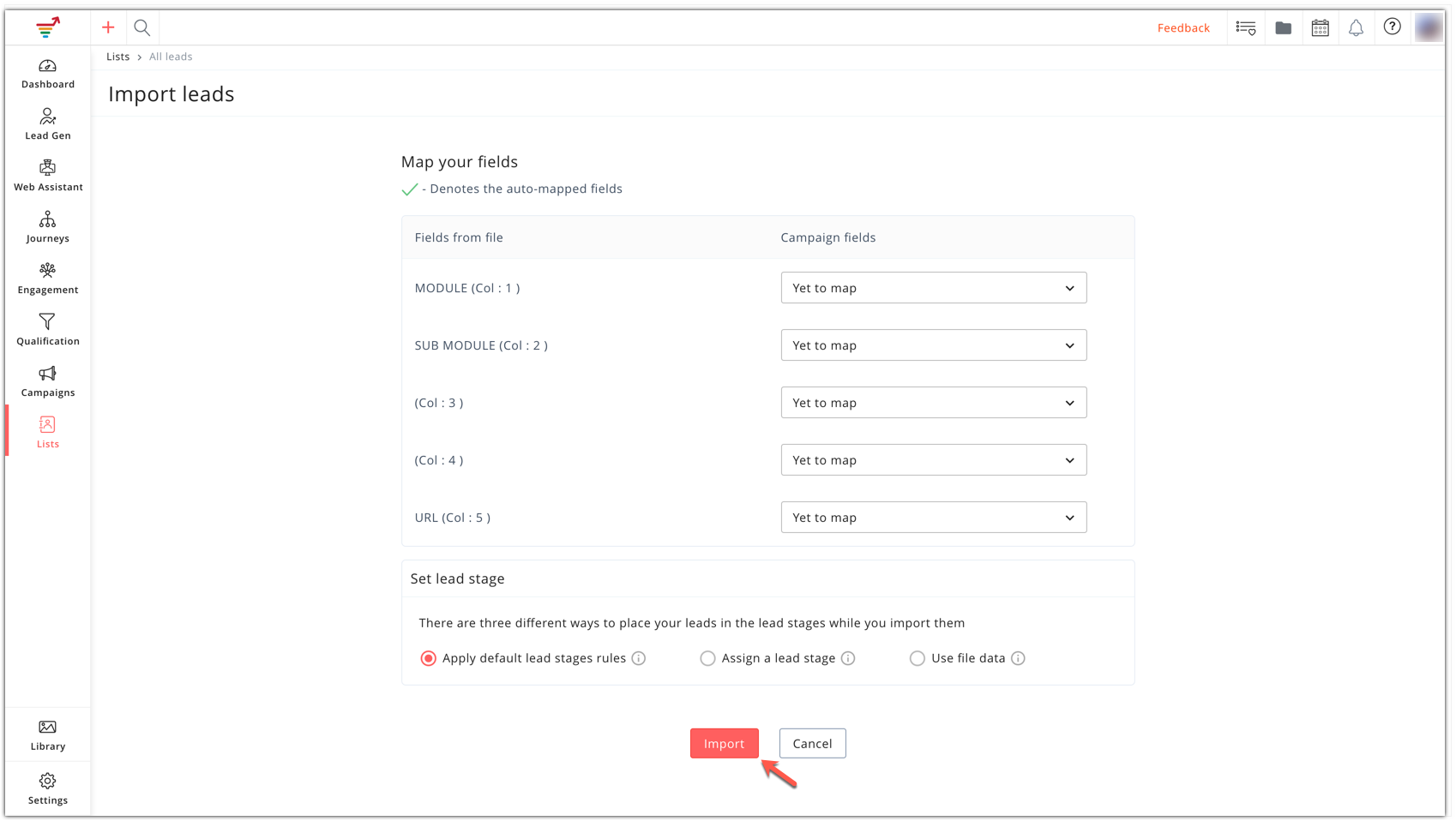 Choose the file to be imported, select the mailing list, and click Upload