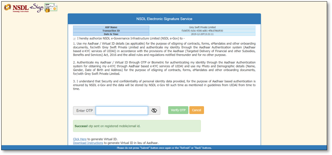 Aadhaar eSign Signature Journey (OTP)